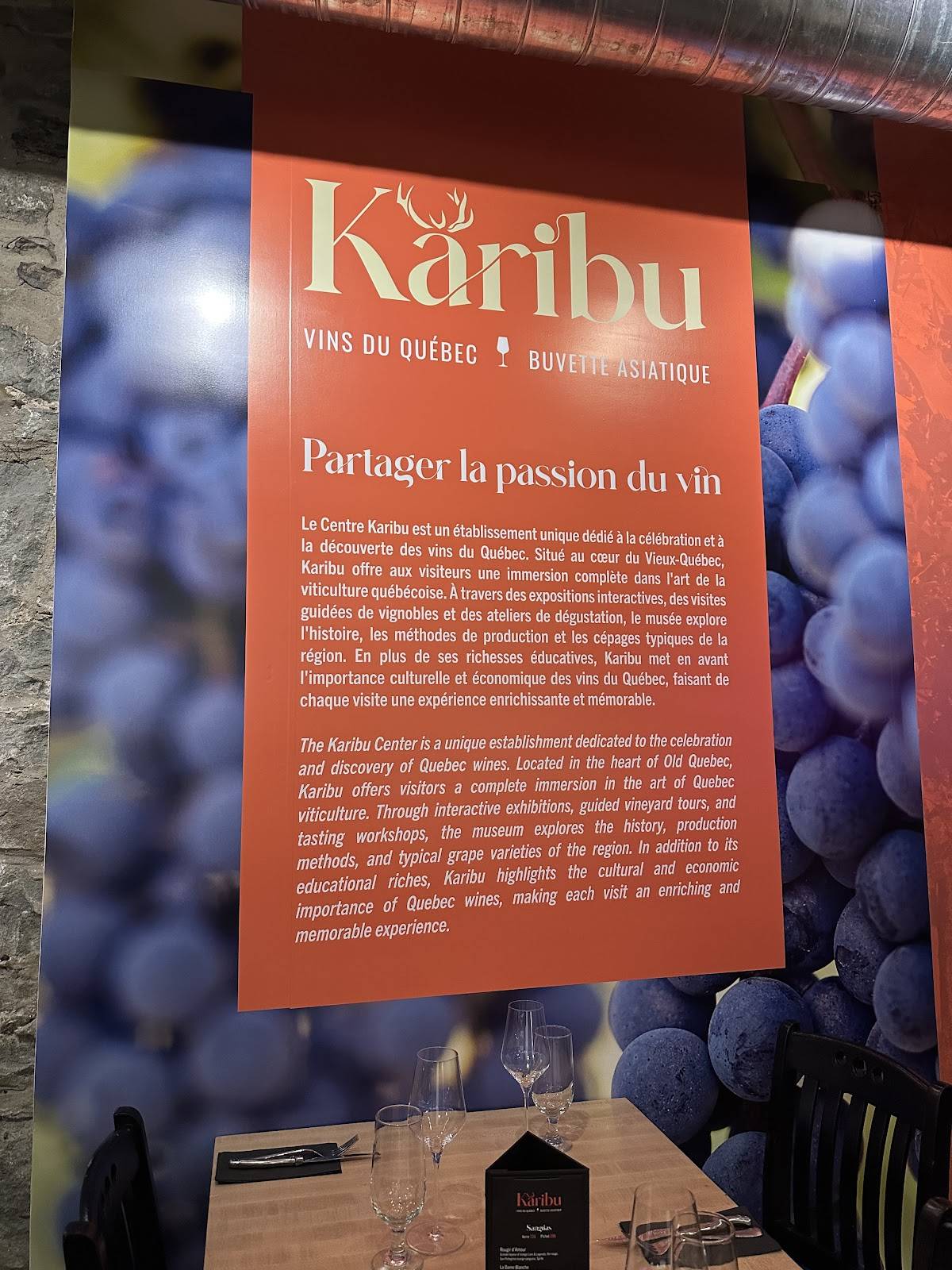 Menu au Karibu, Vins du Québec et Buvette Asiatique restaurant, Québec