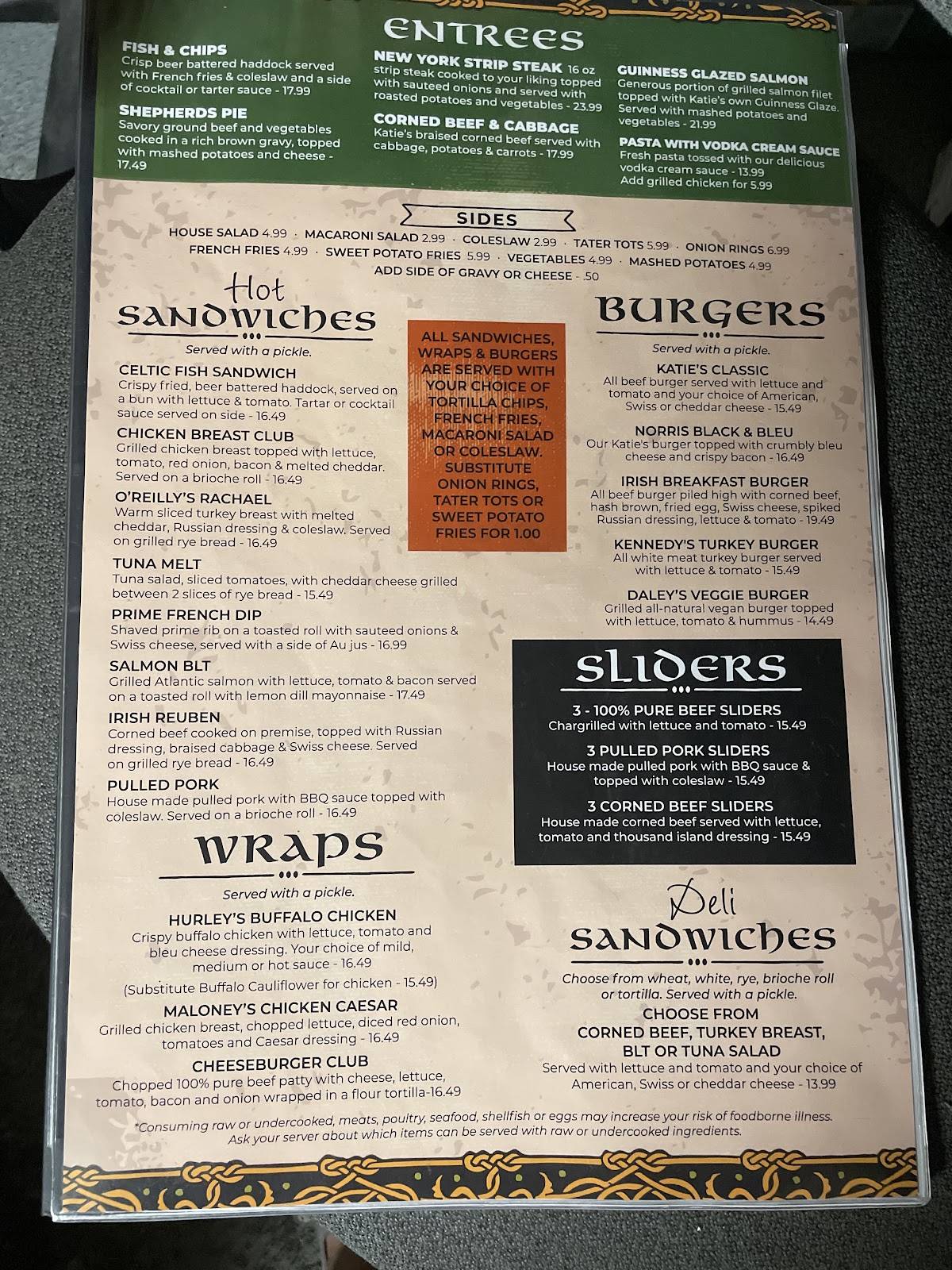 Menu at Katie O'Byrnes Restaurant, Schenectady