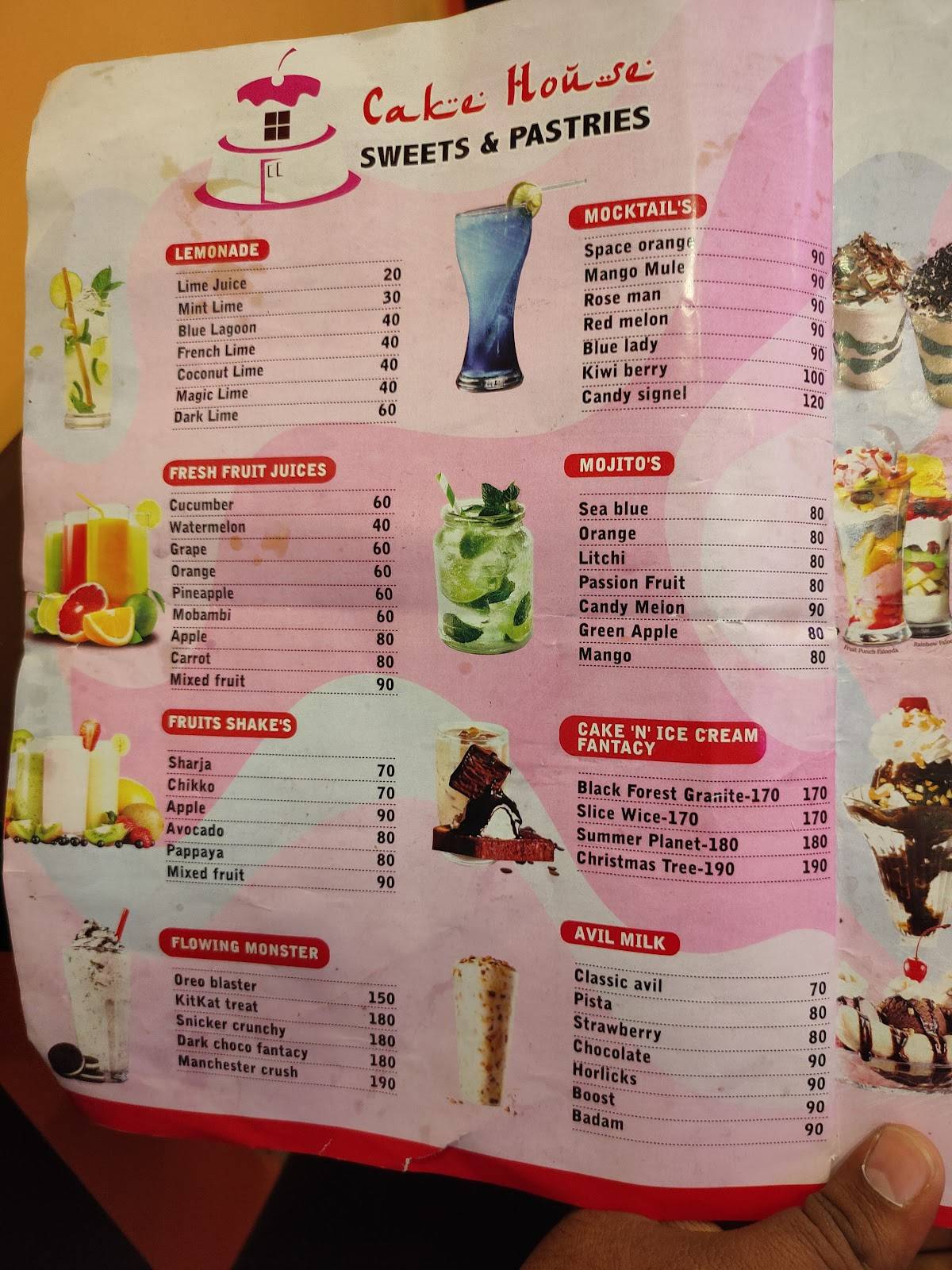 Menu at Cake House, Kayamkulam