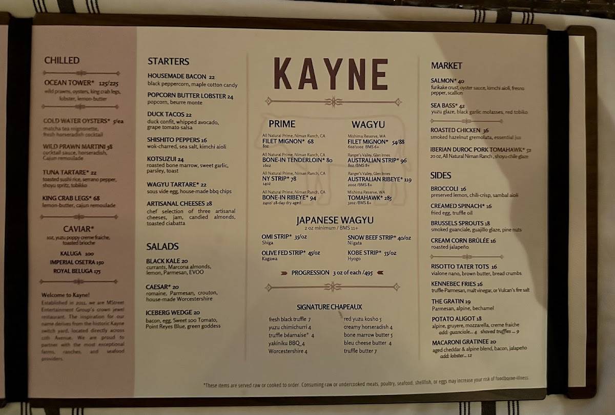 Menu at Kayne Prime steakhouse, Nashville