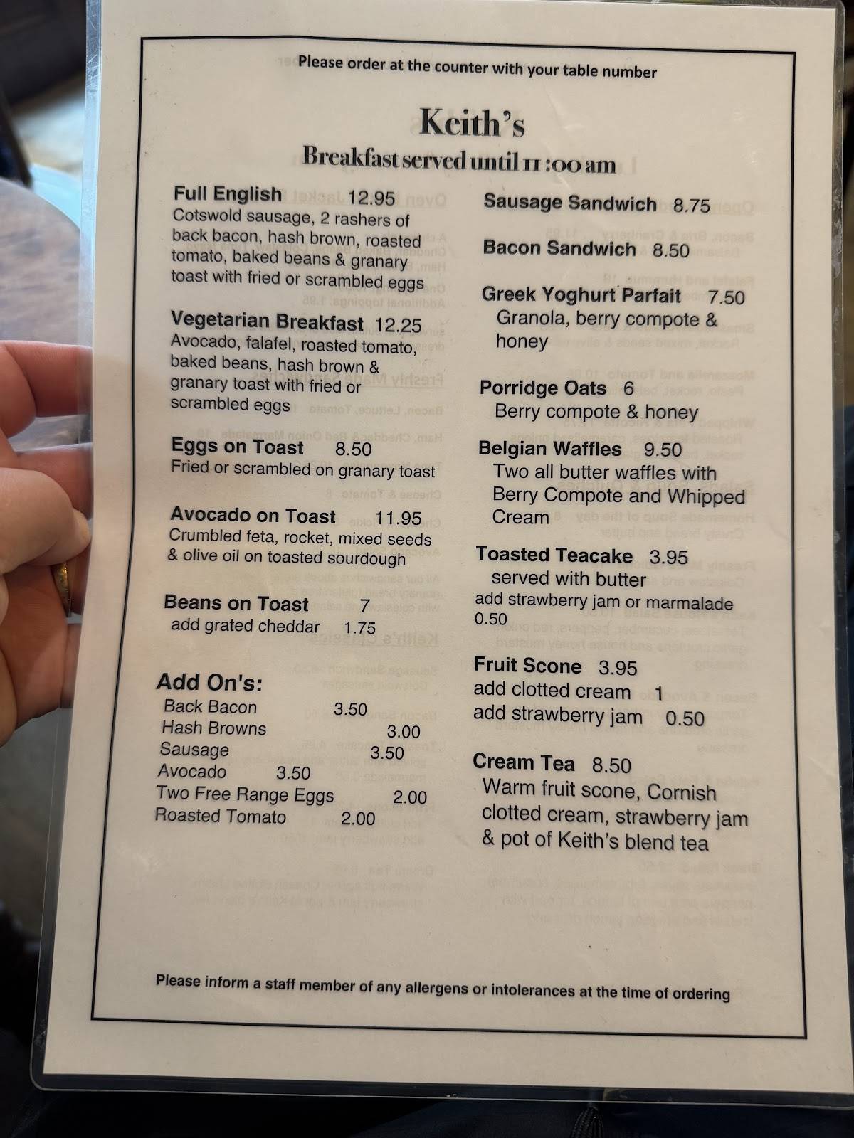 Menu at Keiths Coffee Shop cafe, Cirencester
