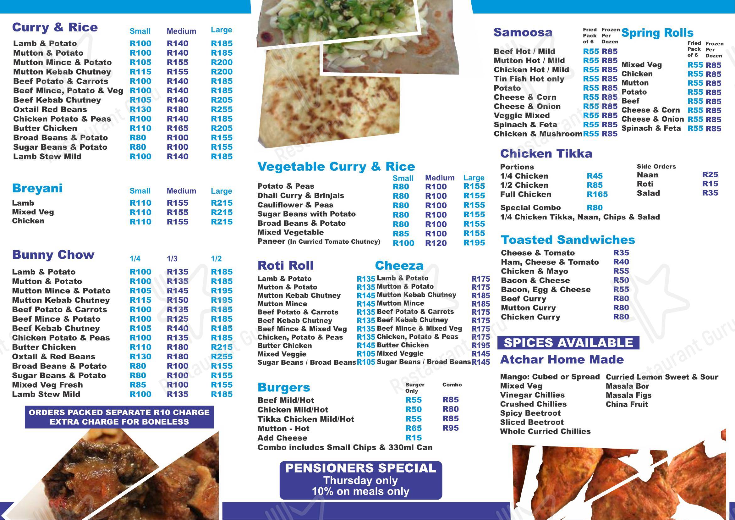 Menu at Kelly's Indian Meals restaurant, Centurion