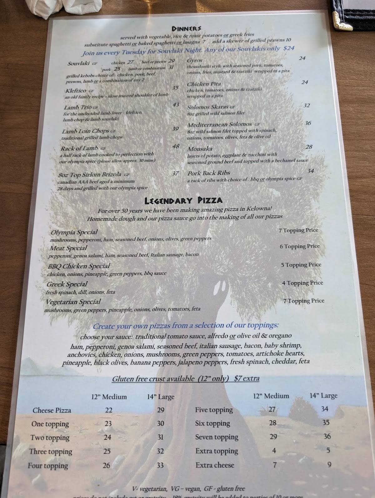 Menu at Olympia Greek Taverna pizzeria, Kelowna