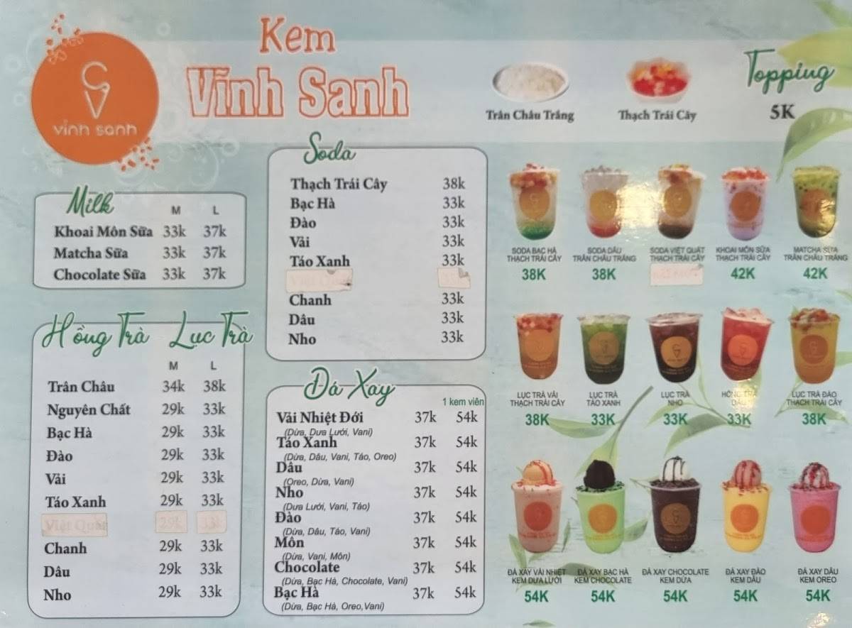 Menu at Kem Vĩnh Sanh restaurant, Ho Chi Minh City