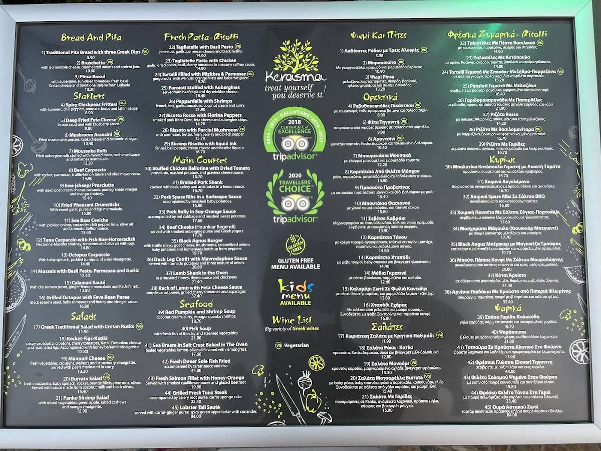 Menu at Kerasma, Rhodes, Afstralias 100