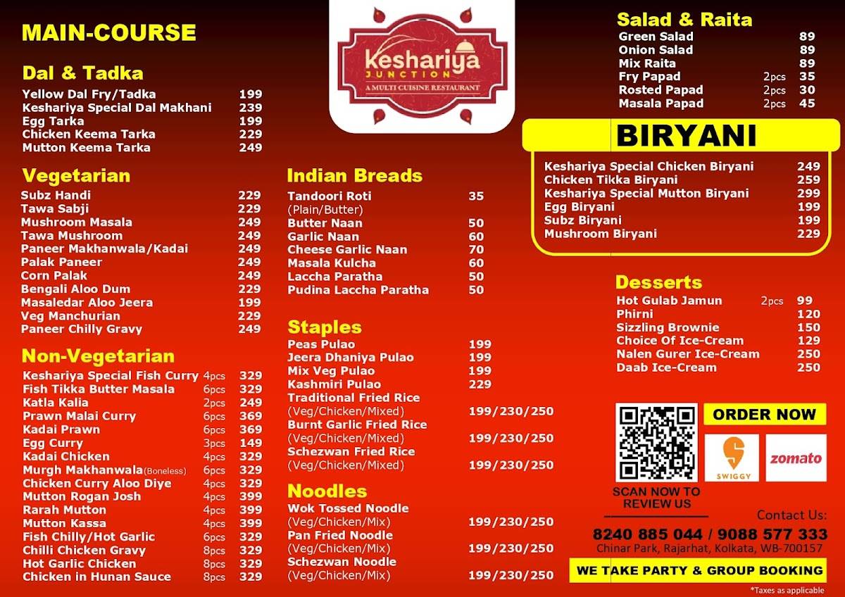 Menu at Keshariya Junction, Chinar Park, Kolkata