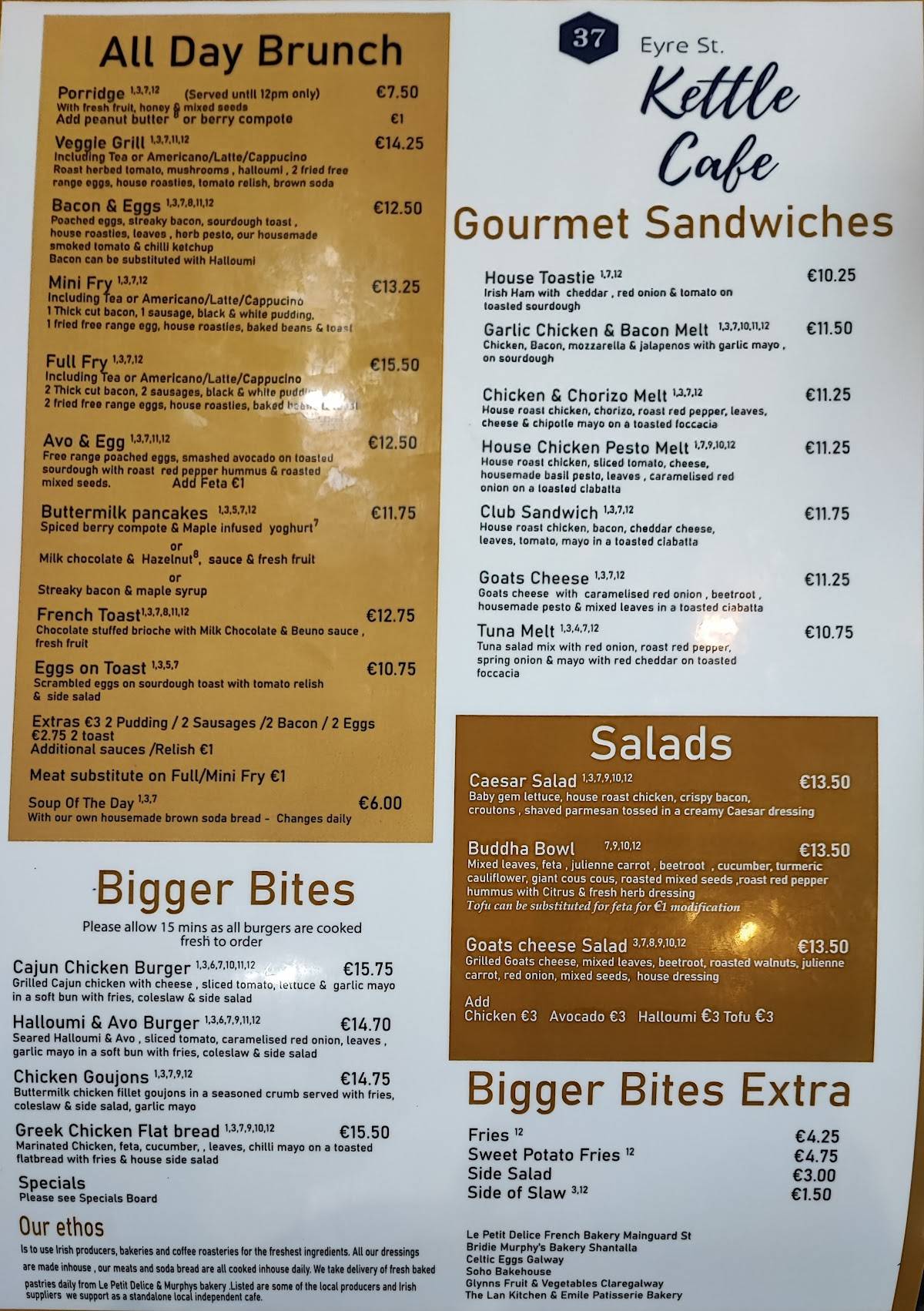 Carta de Kettle Cafe 37 Eyre St., Galway