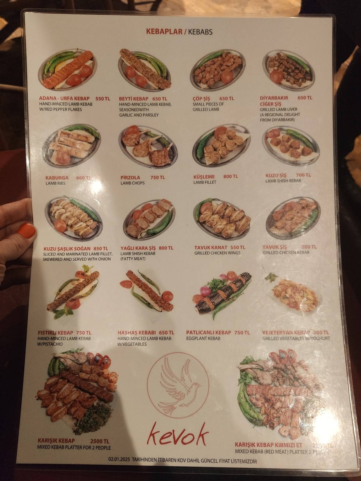 Menu at Kevok Ocakbaşı restaurant, Istanbul, Meşrutiyet Cd. No:38