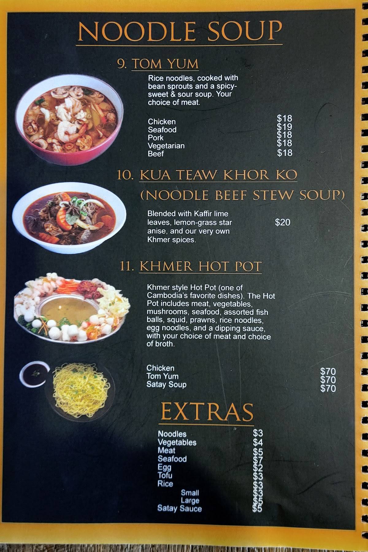 Menu at Khmer Cambodian Cuisine restaurant, Christchurch