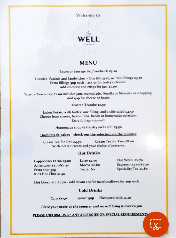 Menu at The Well cafe, Leicester
