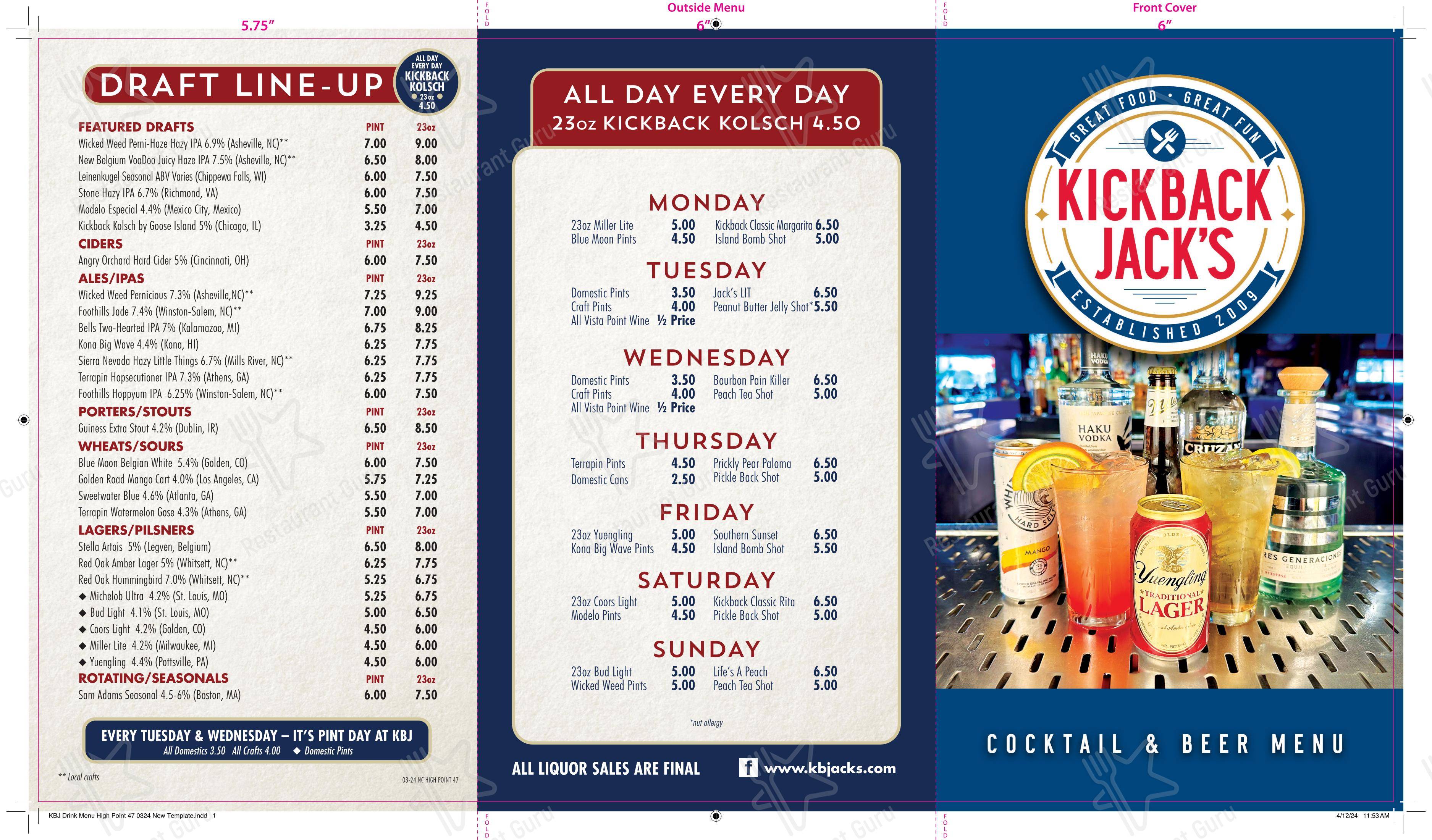Menu at Kickback Jack's High Point pub & bar, High Point