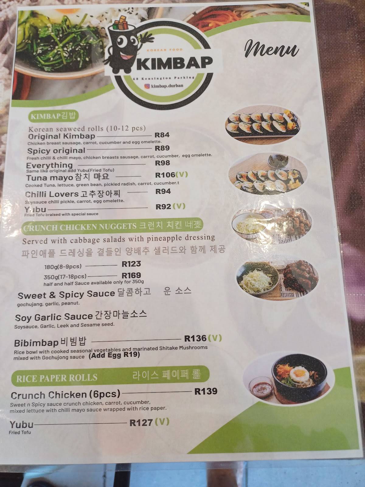Menu at Kimbap.Durban restaurant, Durban North