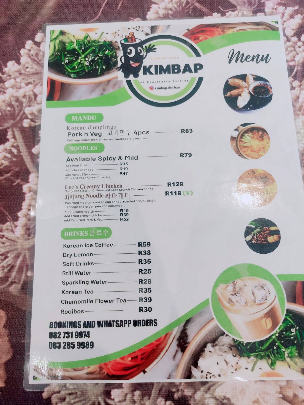 Menu at Kimbap.Durban restaurant, Durban North