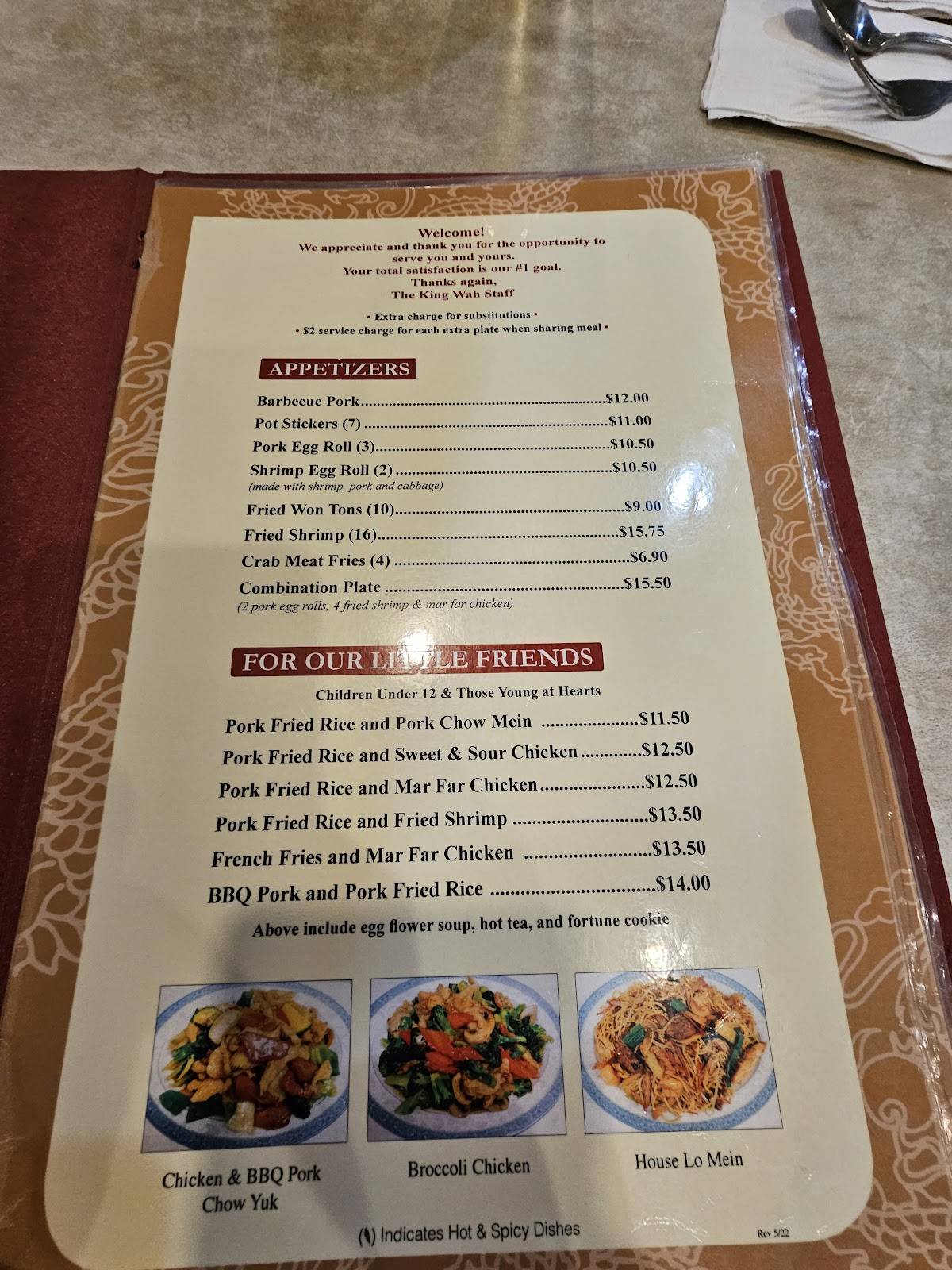 Menu at King Wah restaurant, Klamath Falls, Pershing Way