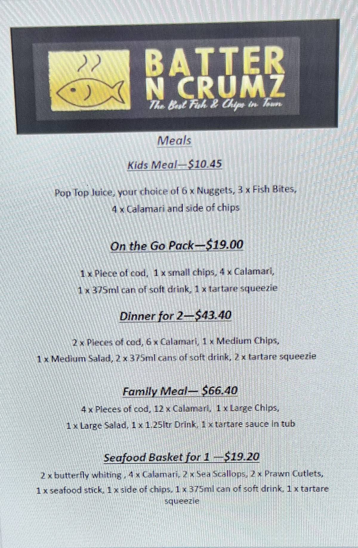 Menu at Batter n Crumz restaurant, Kingaroy