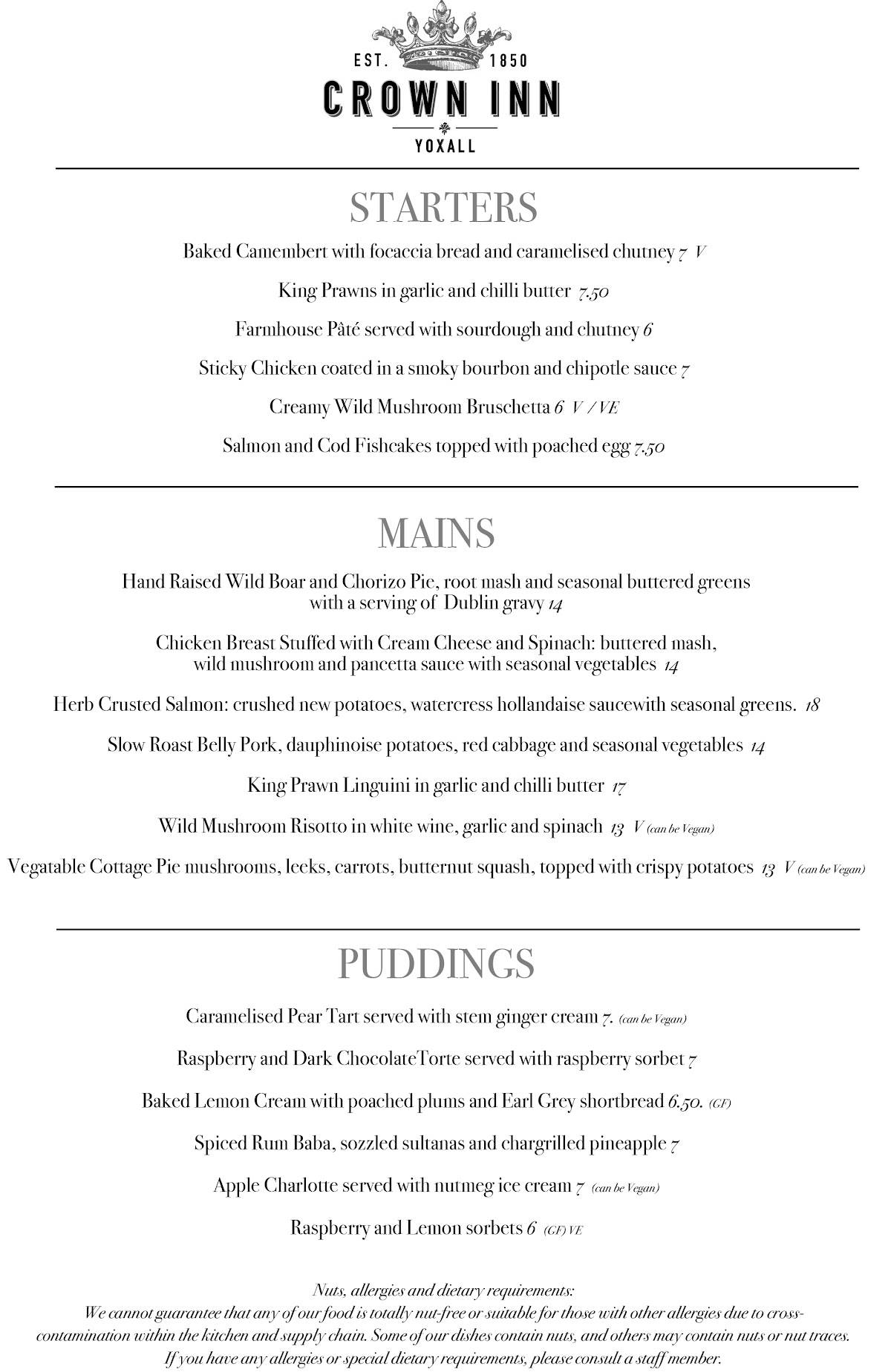 Menu at The Crown Inn pub & bar, Yoxall