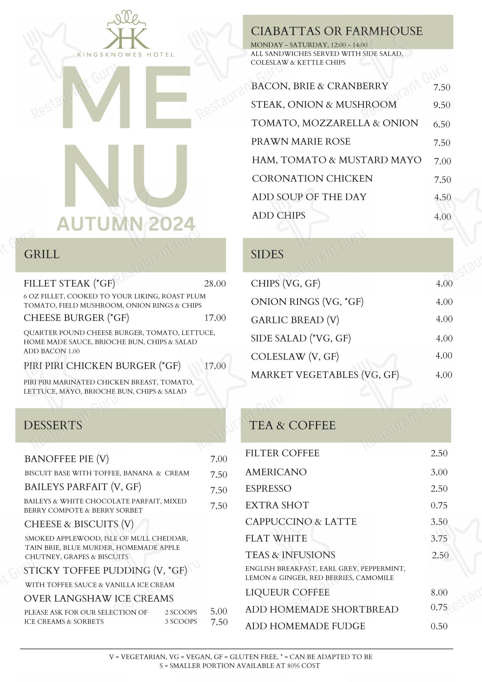 Menu at Kingsknowes Hotel restaurant, Galashiels