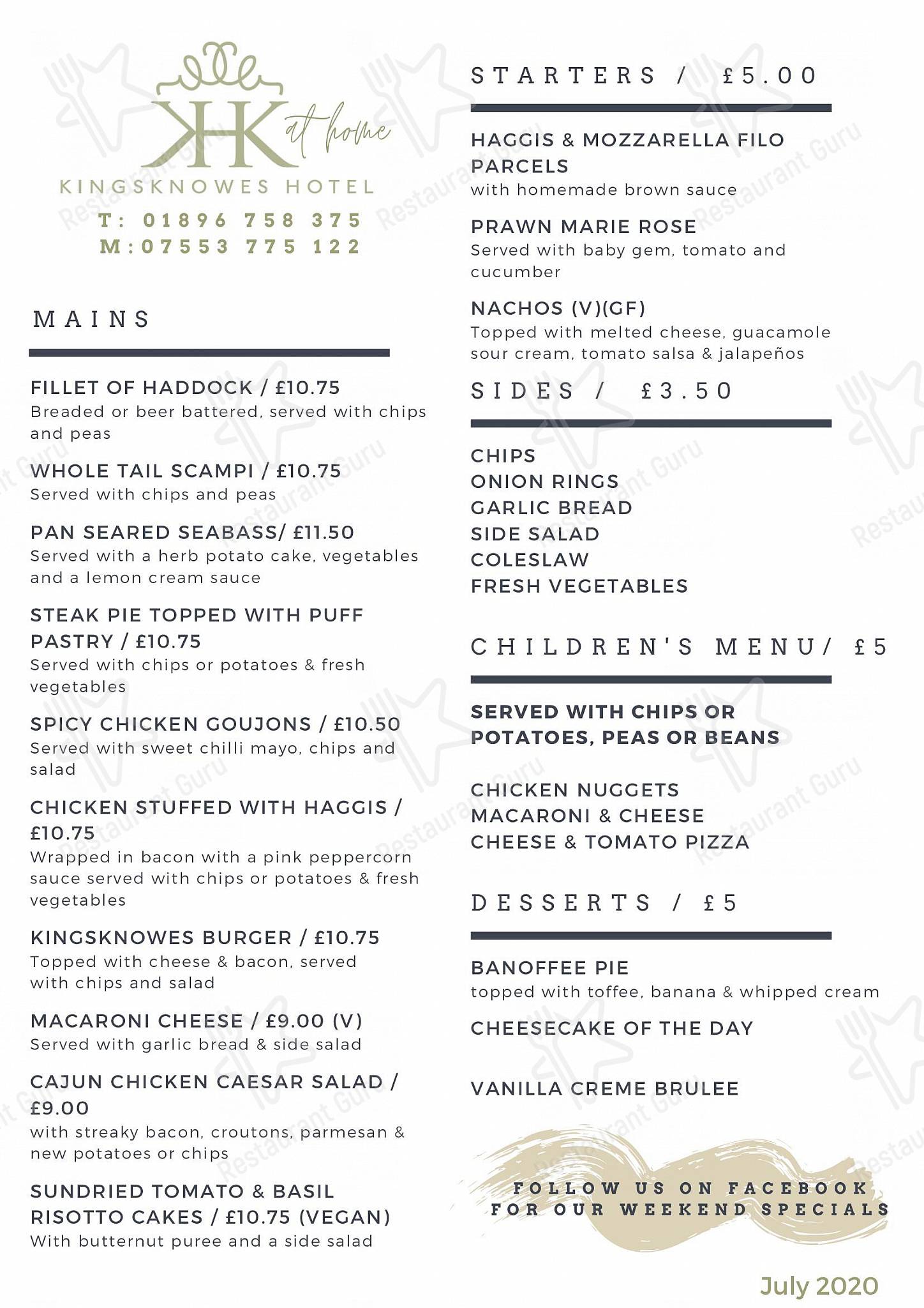 Menu at Kingsknowes Hotel restaurant, Galashiels