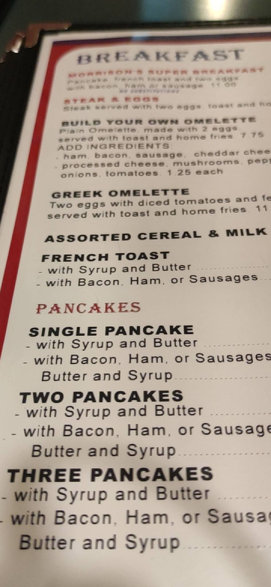 Menu at Morrison's Restaurant, Kingston