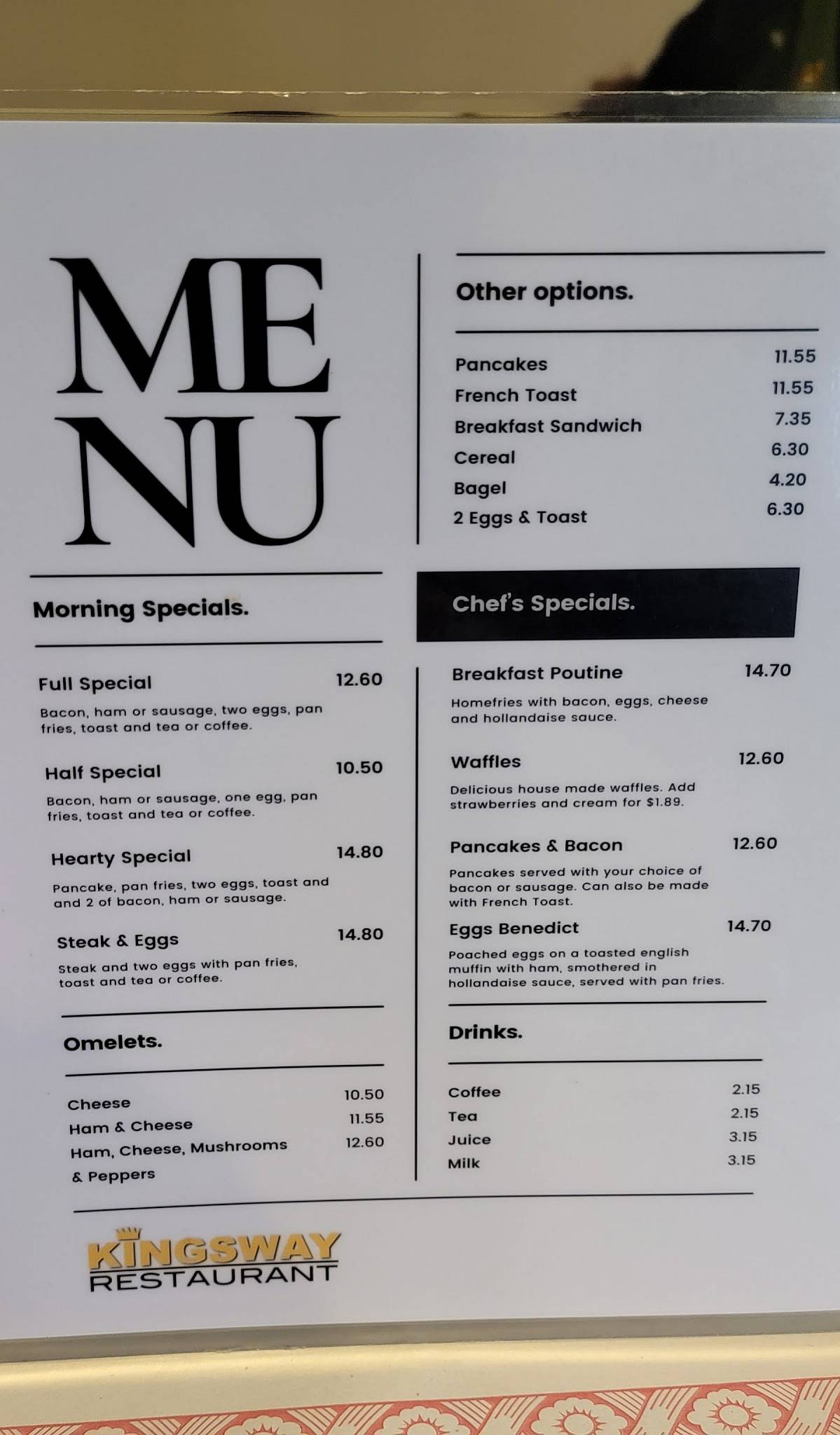 Menu at Kingsway restaurant, Miramichi