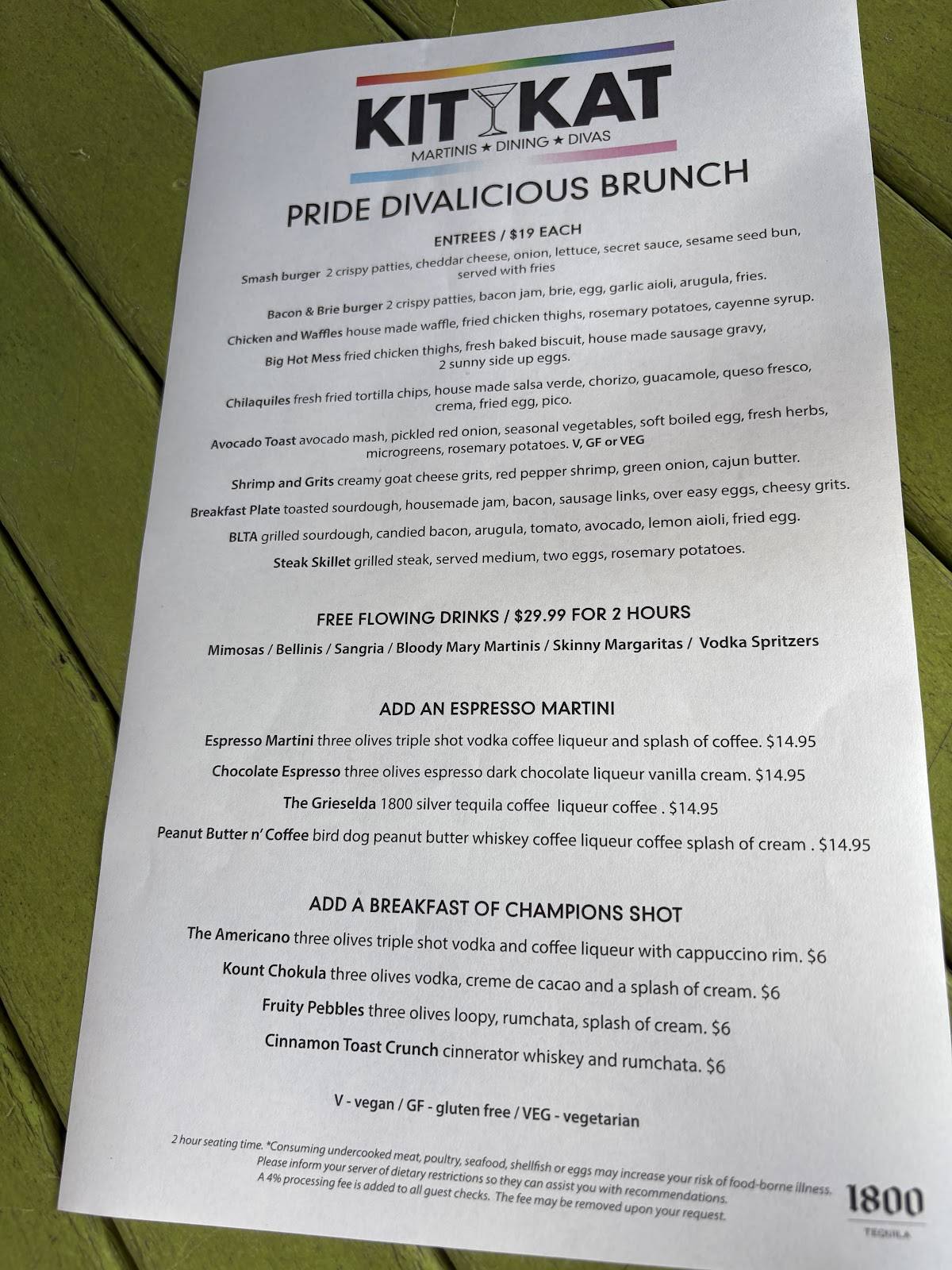 Menu at Kit Kat Club, Chicago