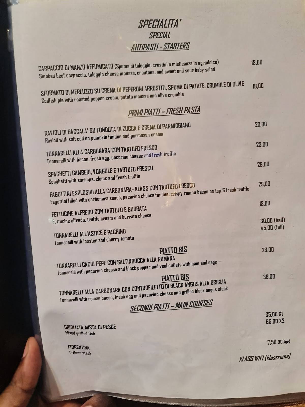 Menu at Klass Restaurant, Rome, Via in Arcione