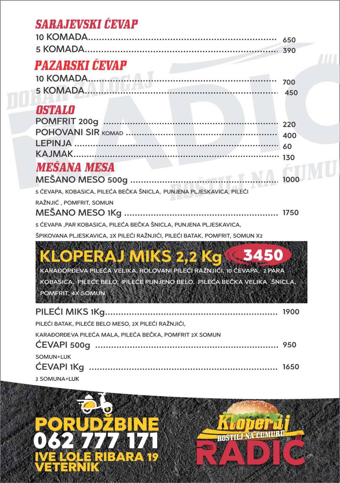 Menu at Kloperaj RADIĆ roštilj na ćumuru restaurant, Veternik