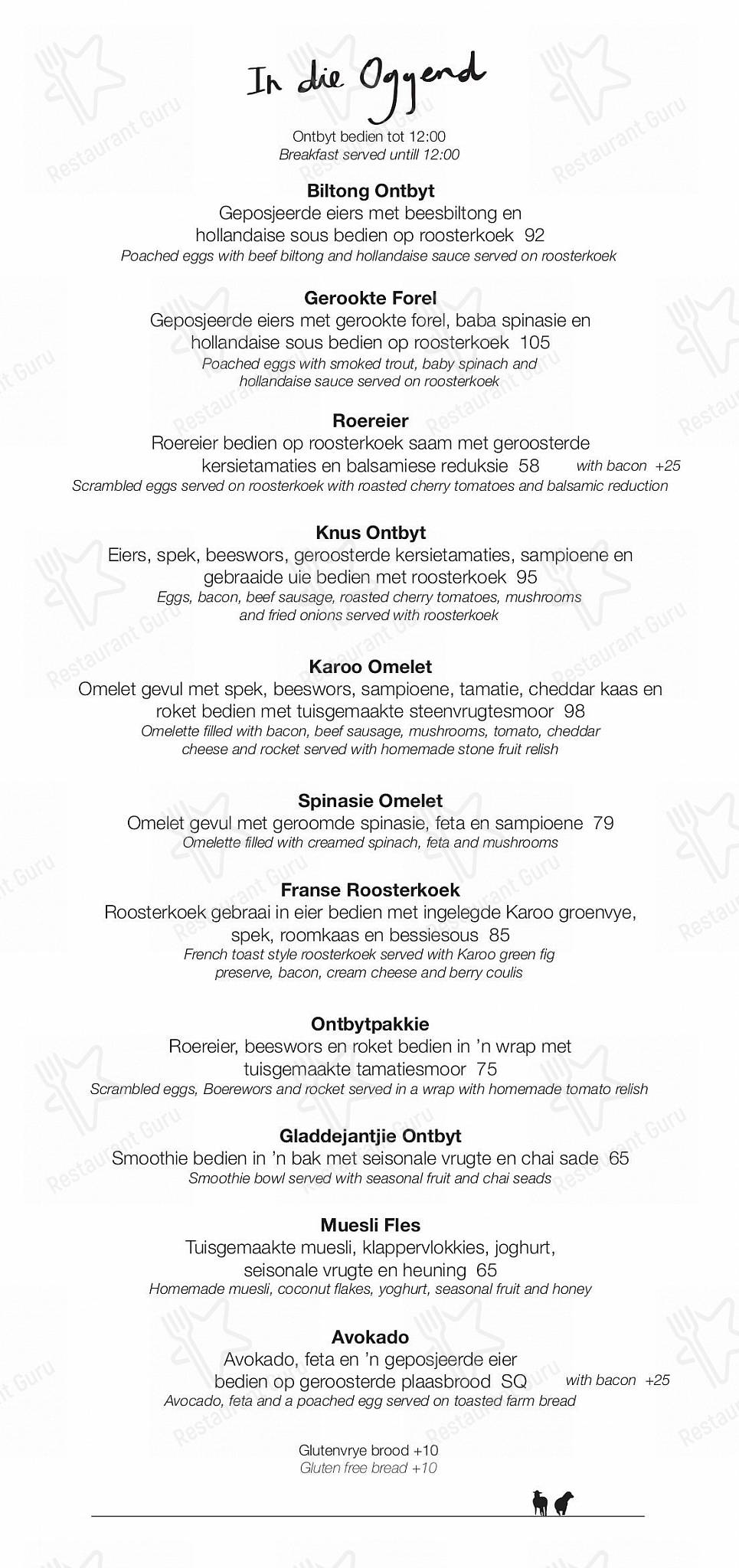 Menu at Knus Karoo Kombuis cafe, Paarl