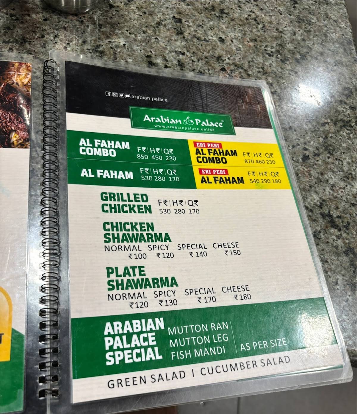 Menu at Arabian Palace Edappally, Kochi, Marottichodu