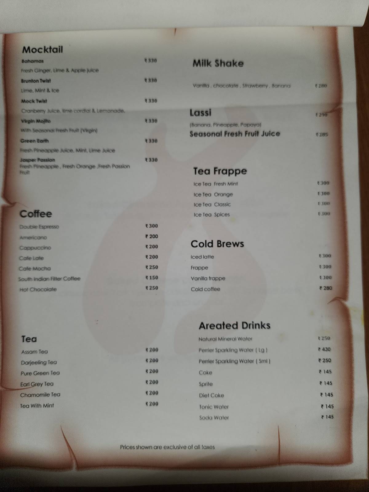 Menu at History & Terrace Grill Restaurant, Brunton Boatyard, Kochi