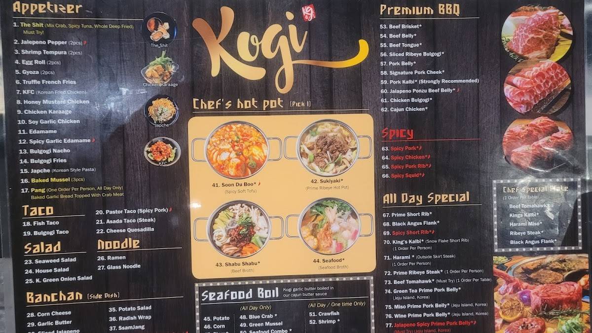 Carta de Kogi Korean BBQ & Seafood Hot Pot, Las Vegas