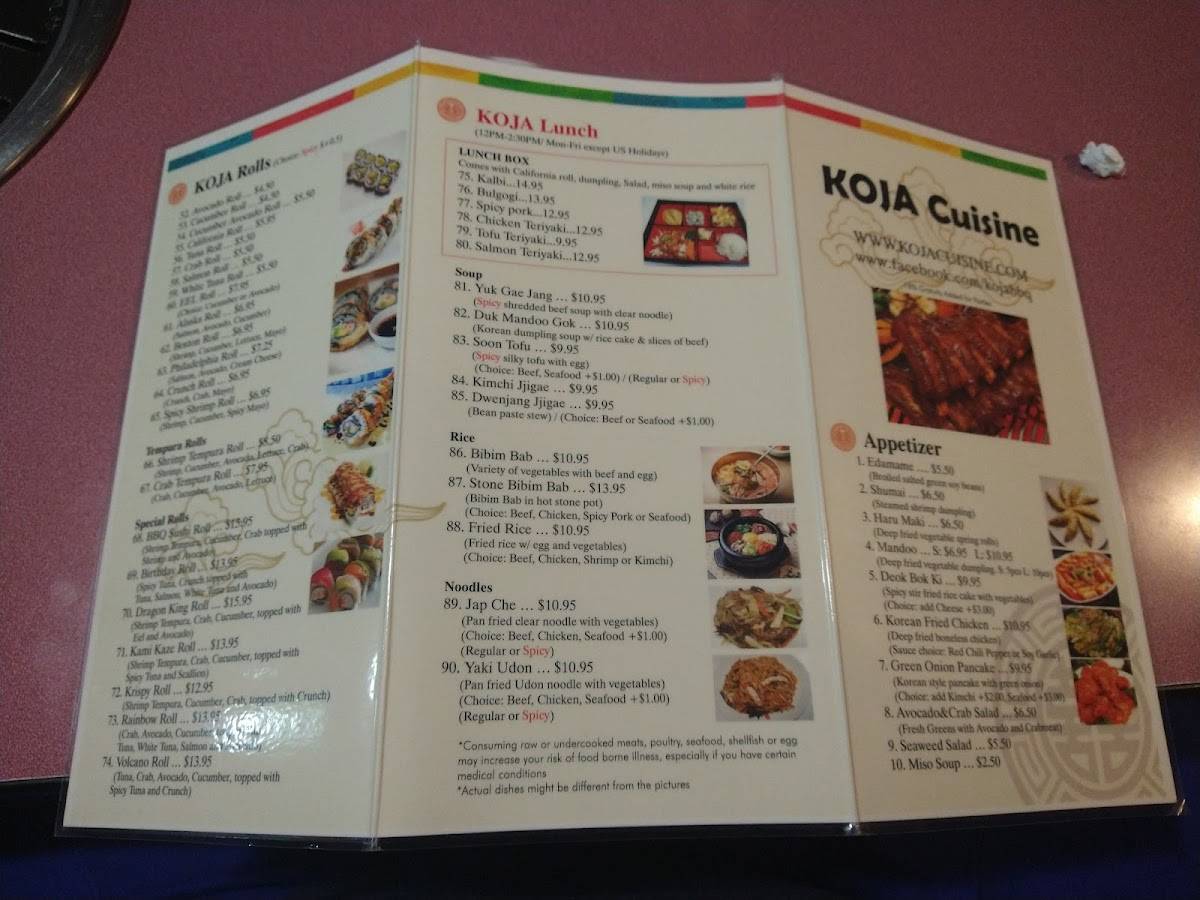 Carta de Koja Cuisine Korean BBQ and Sushi, Easton