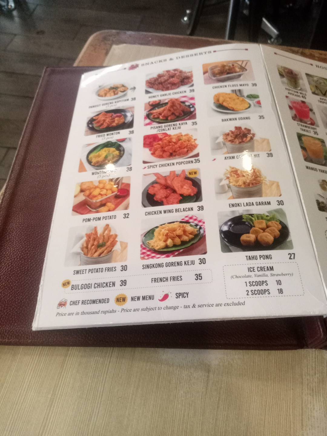 Menu at Kopitiam Palembang restaurant, Palembang