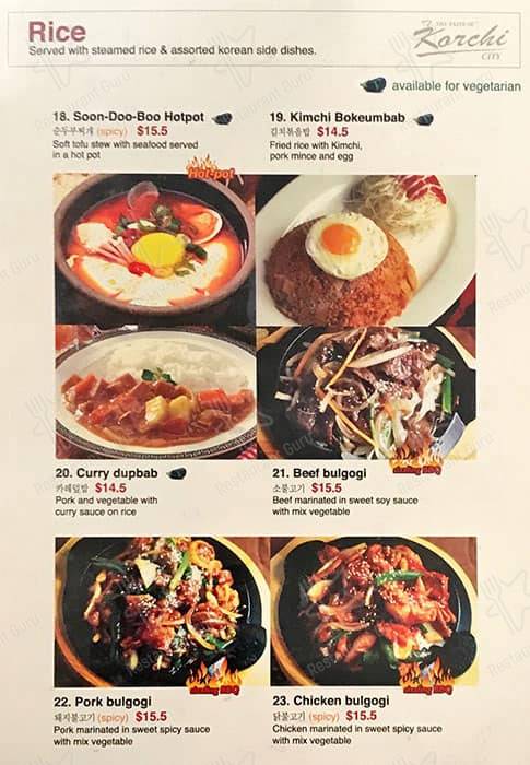 Menu at Korchi City restaurant, Melbourne