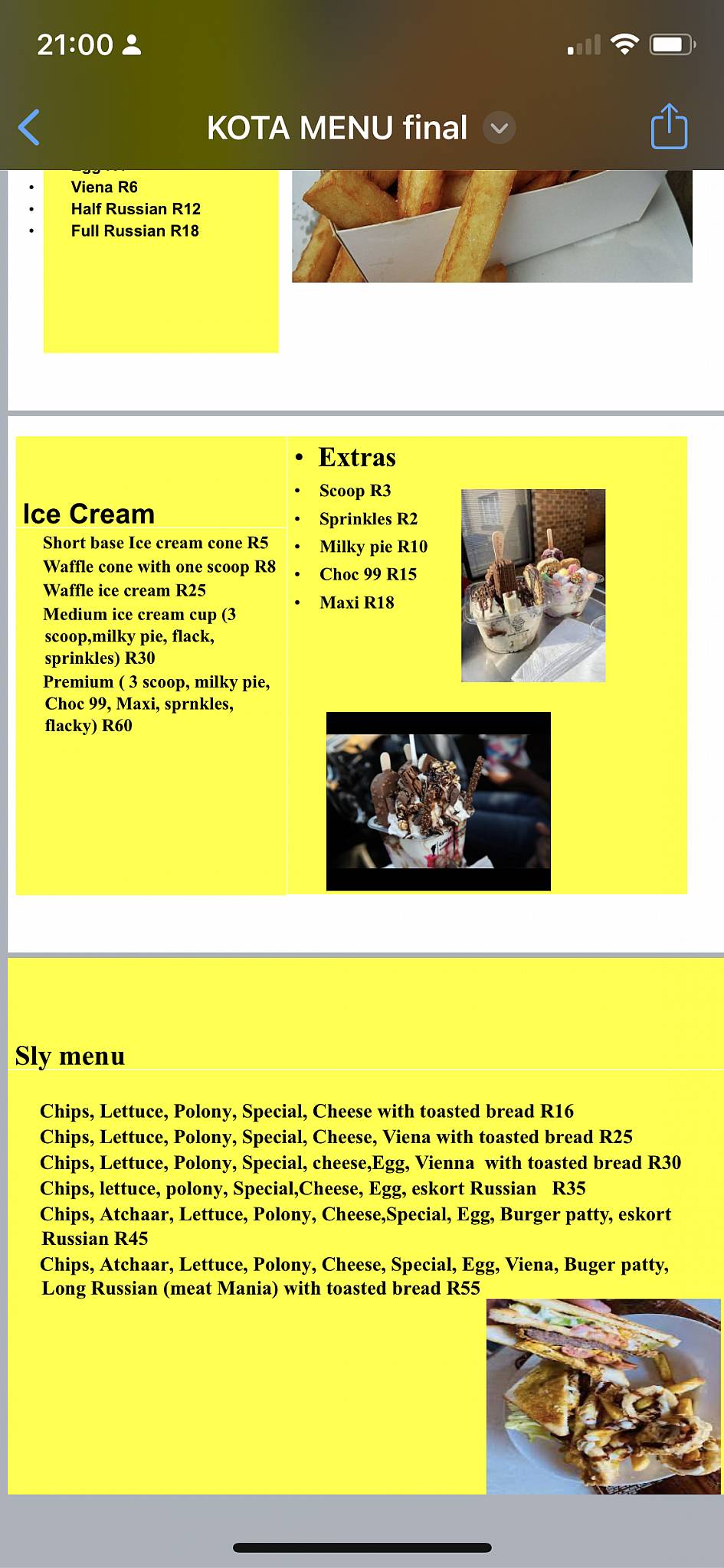 Menu at Kota Joint restaurant, Johannesburg
