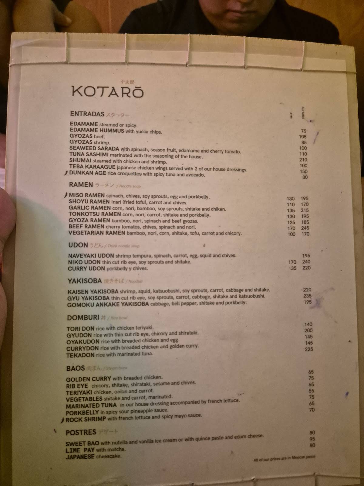 Carta del restaurante Kotaro, Cancún