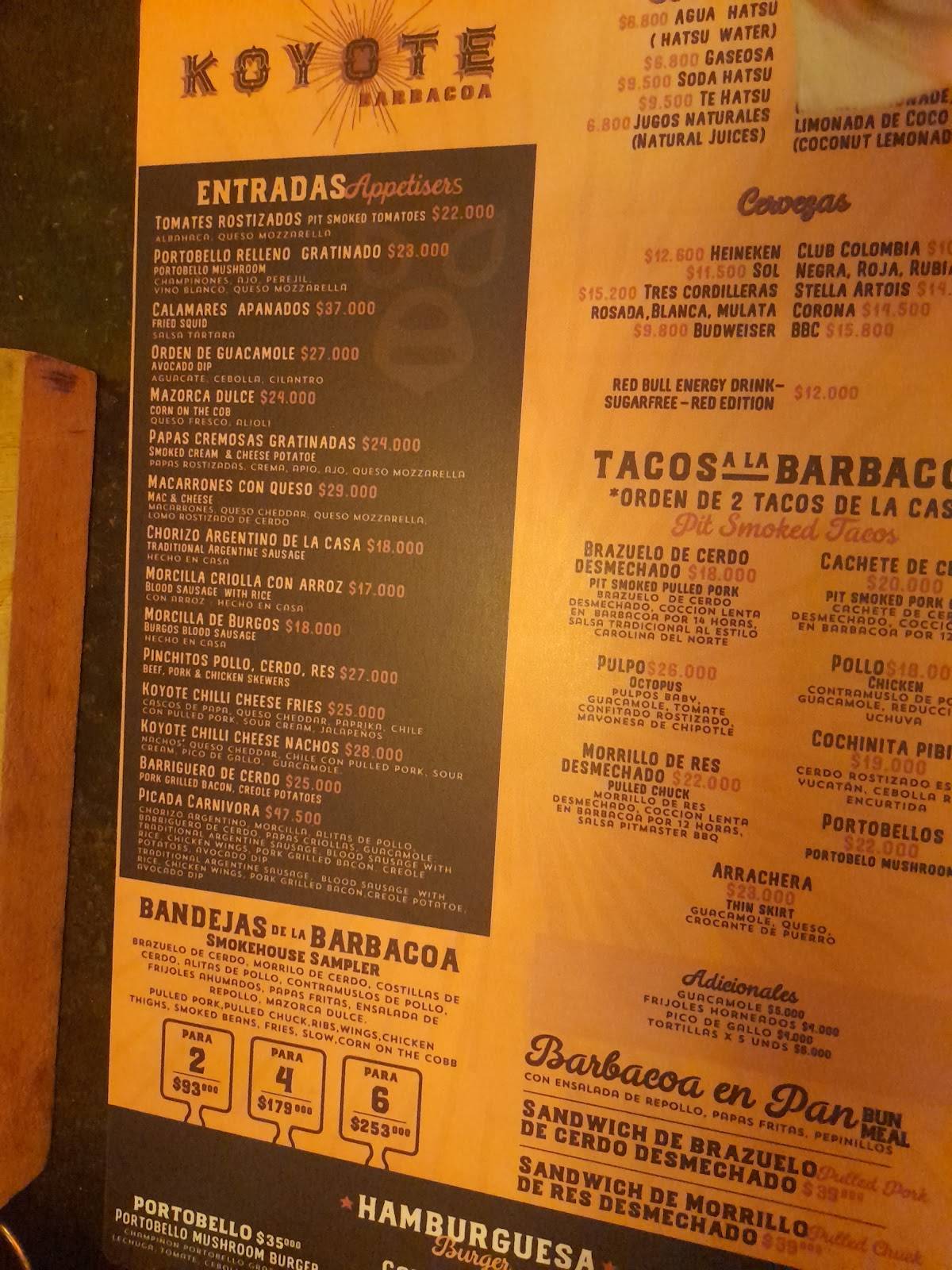 Carta de Koyote Barbacoa, Bogotá, Cl. 65 #4a - 33