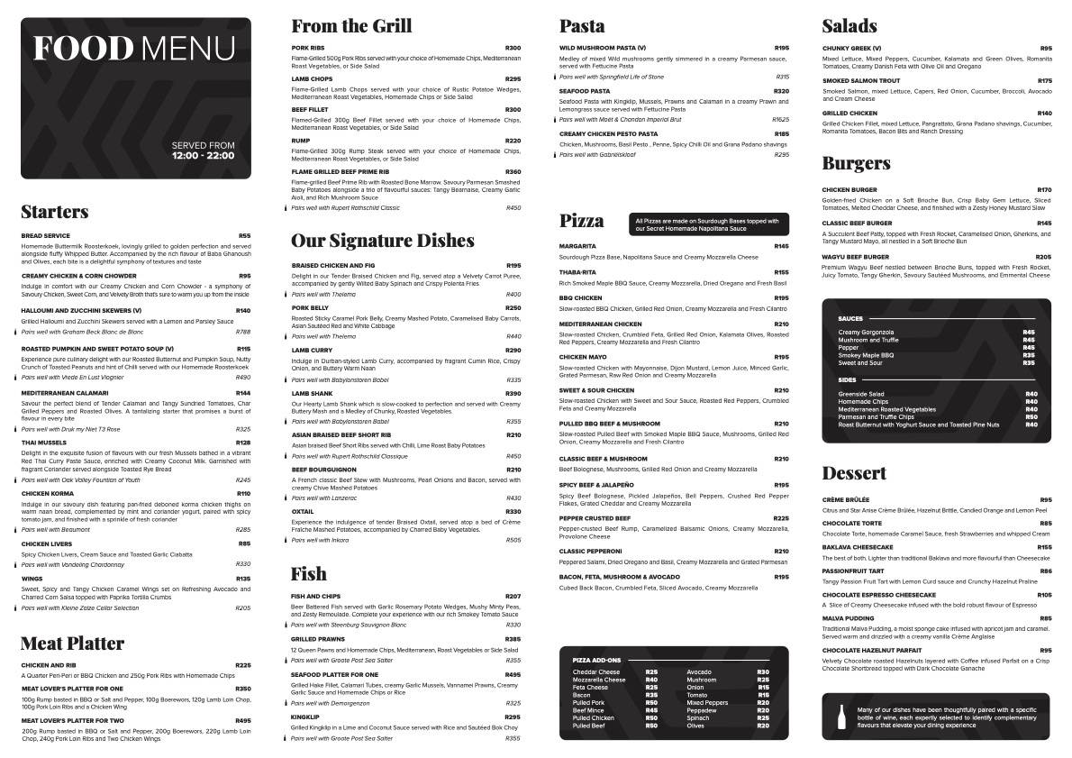 Menu at Kraal Restaurant, Johannesburg South, Impala Road ...