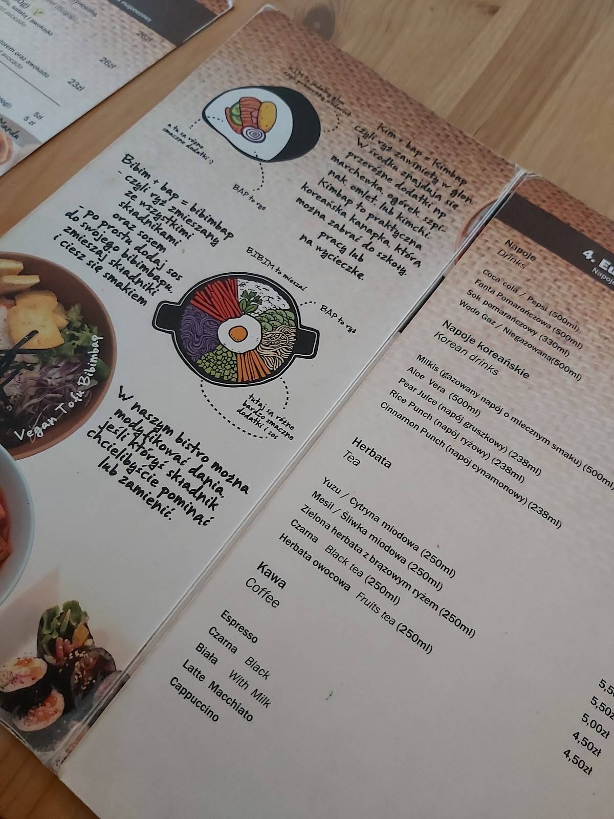 Menu at Pan KimBap restaurant, Kraków