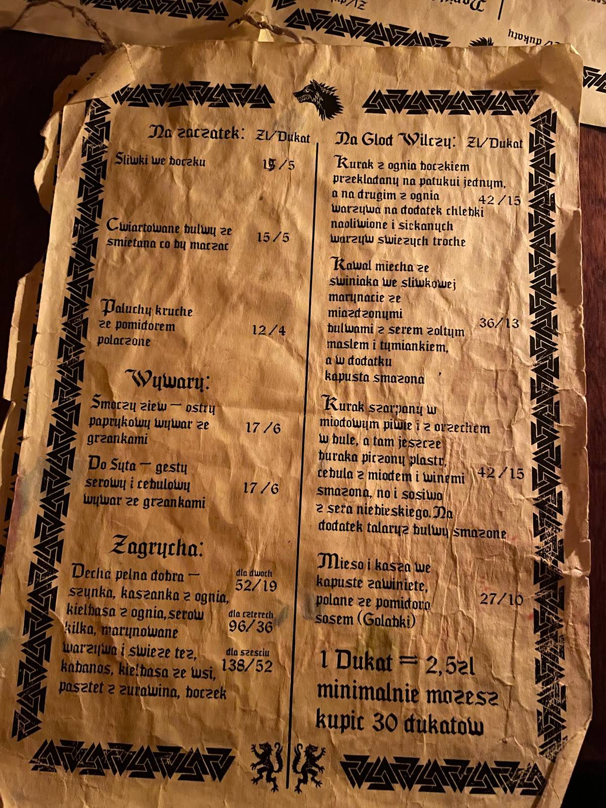 Menu at Tawerna Wilczy Dół restaurant, Kraków