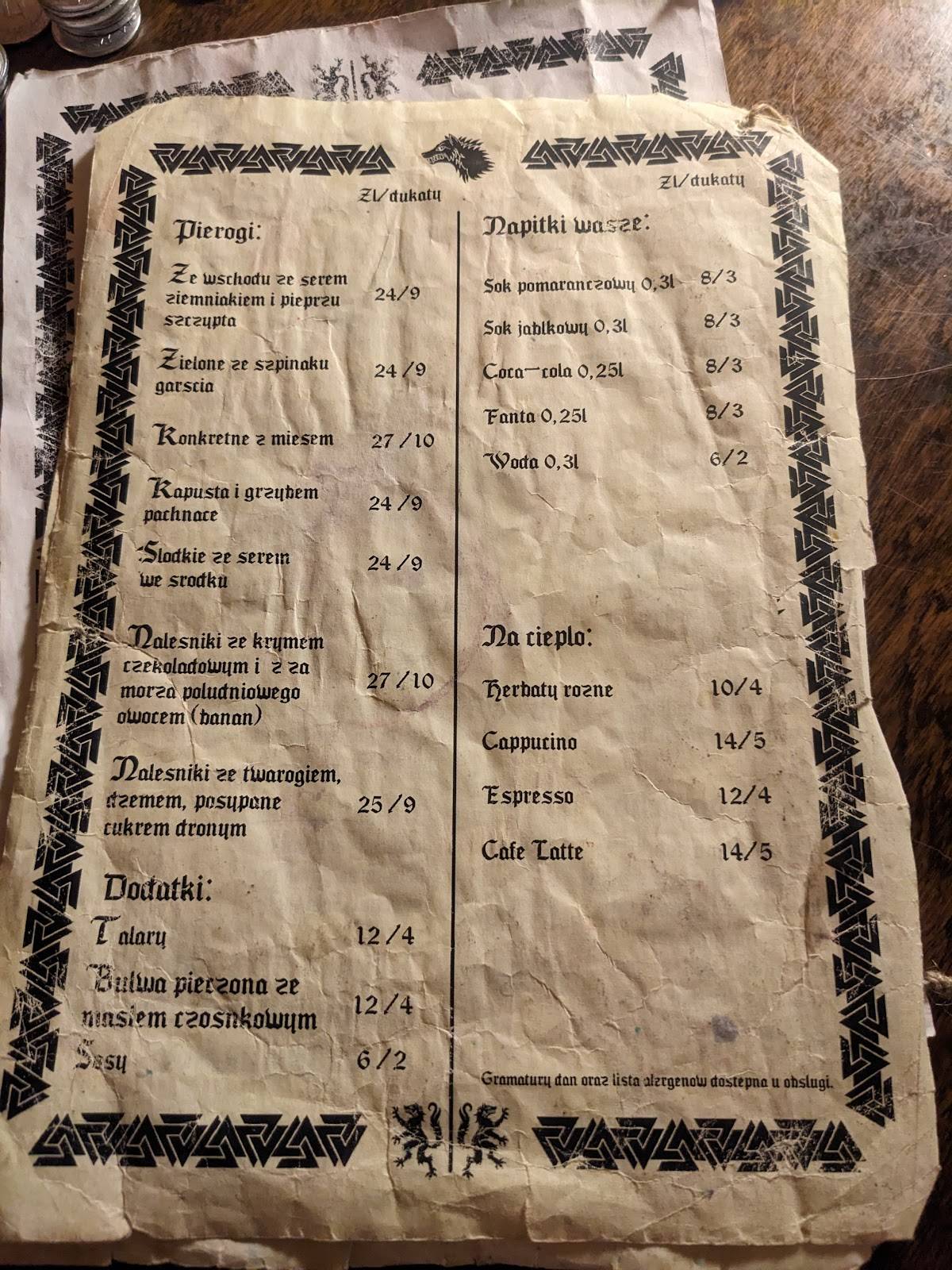 Menu at Tawerna Wilczy Dół restaurant, Kraków