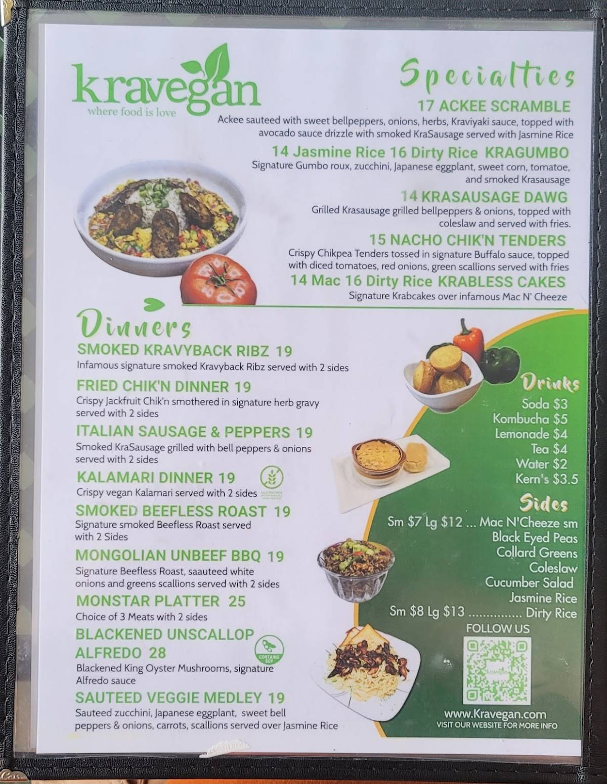 Menu at Kravegan Where Food Is Love restaurant, Jacksonville