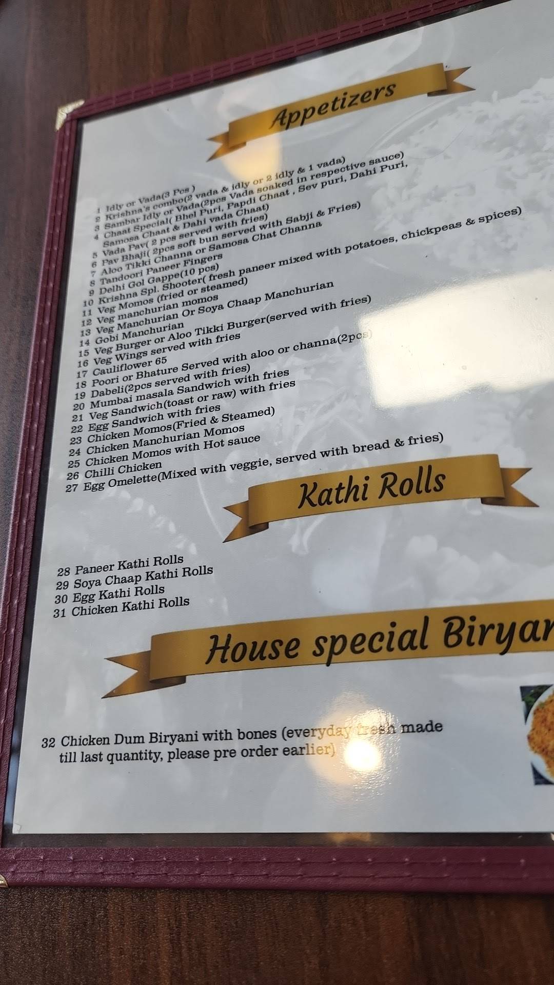 Menu au Krishna's Chaat House restaurant, Surrey