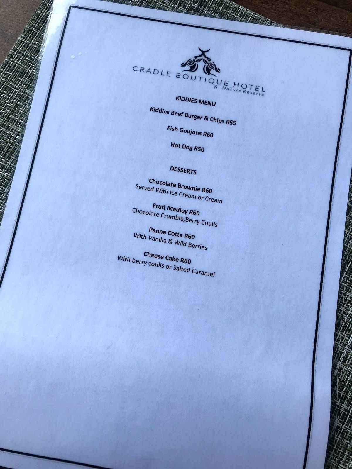 Menu at The Cradle Restaurant at Cradle Boutique Hotel, Krugersdorp