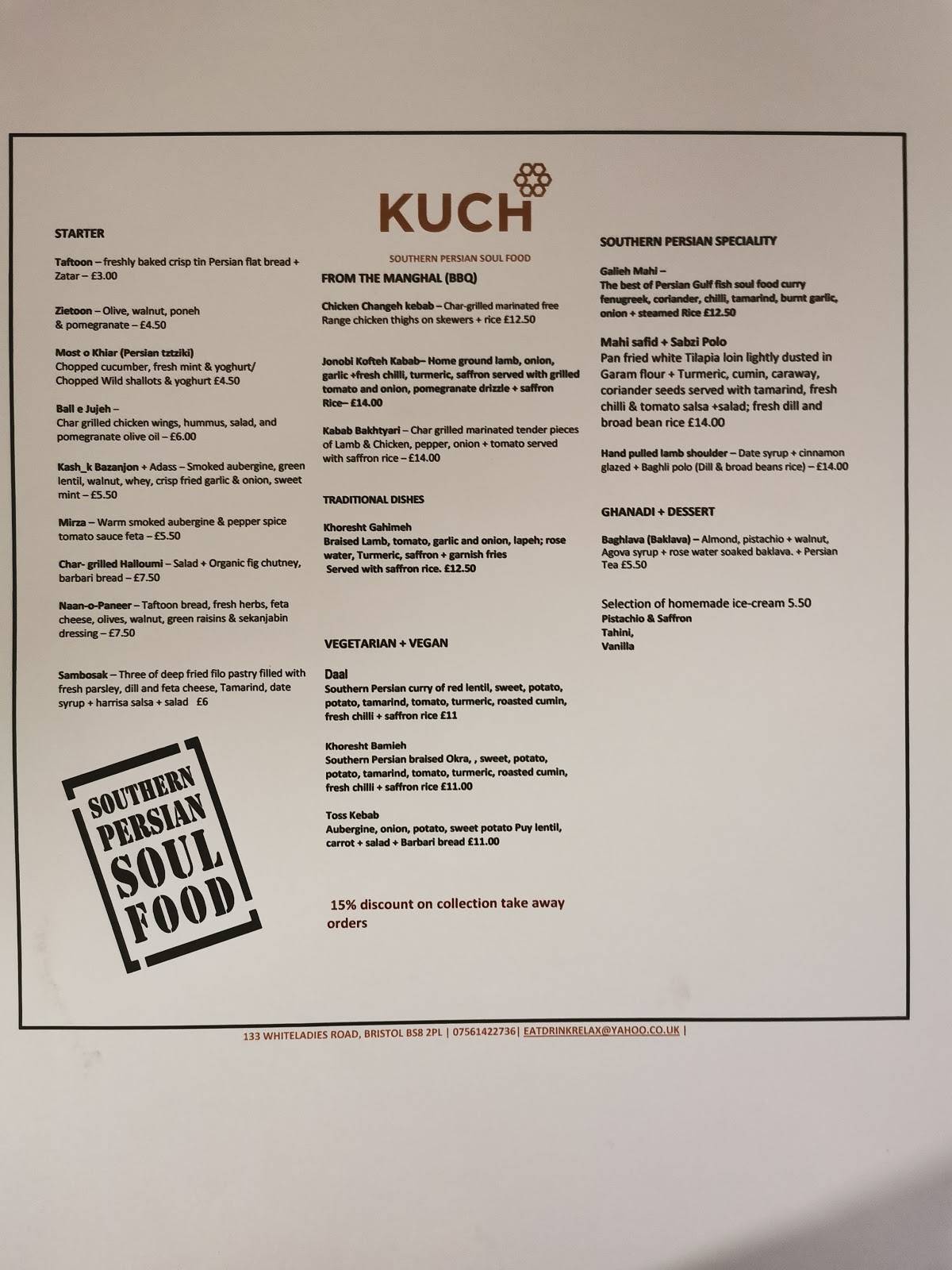 Menu at K U C H restaurant, Bristol