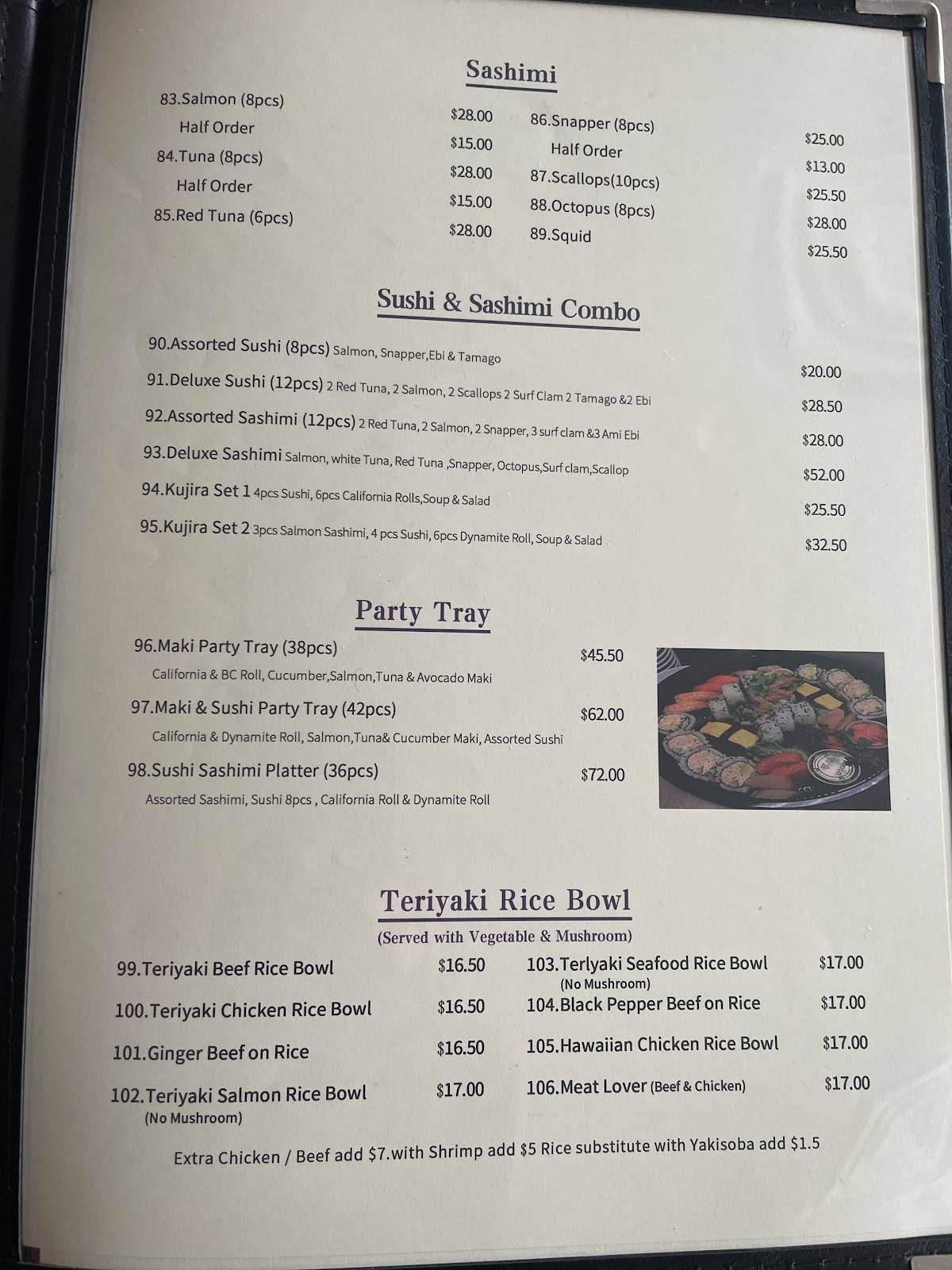 Menu au Kujira restaurant, Whitecourt