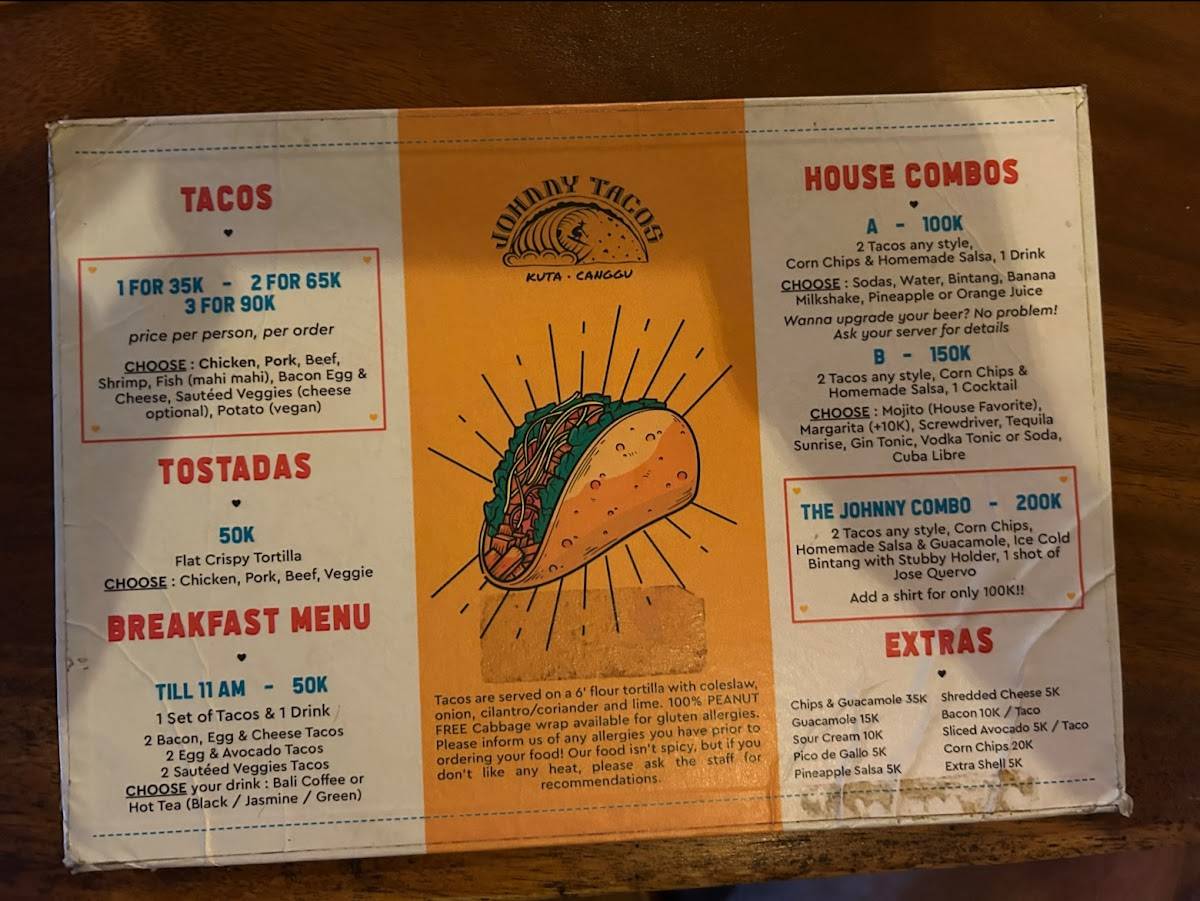 Menu at Johnny Tacos - Kuta restaurant, Jimbaran