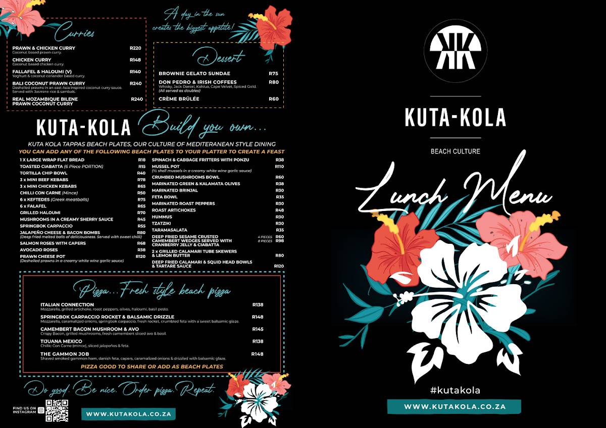 Menu at Kuta-Kola restaurant, Dolphin Coast