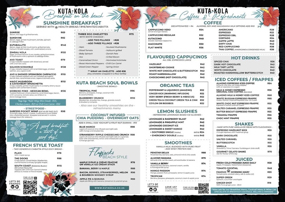 Menu at Kuta-Kola restaurant, Dolphin Coast