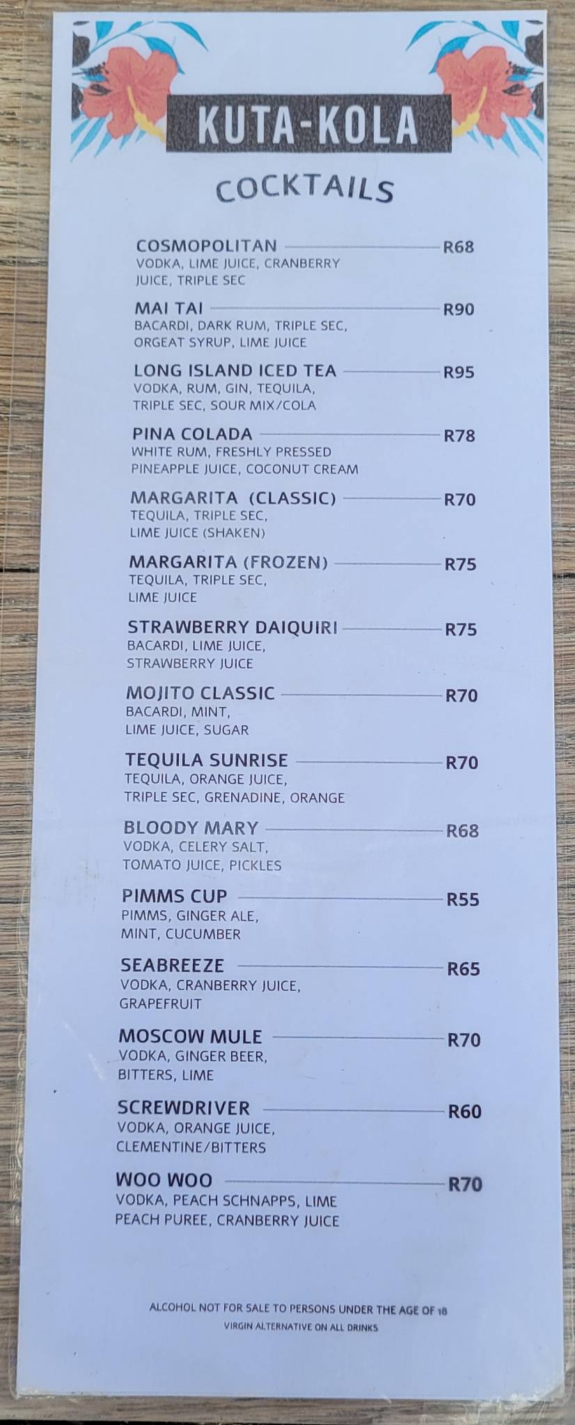 Menu at Kuta-Kola restaurant, Dolphin Coast